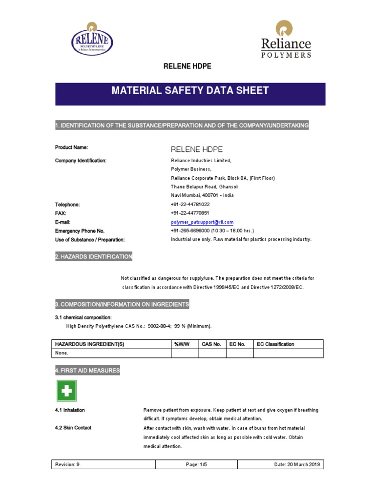 Safety Data Sheet for Relene High Density Polyethylene Provides ...