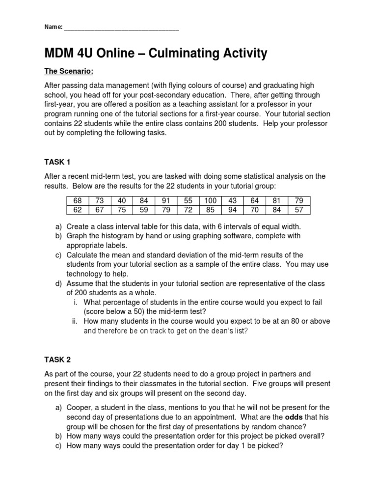 MDM 4U Online Culminating Project Guide | PDF | Statistics ...
