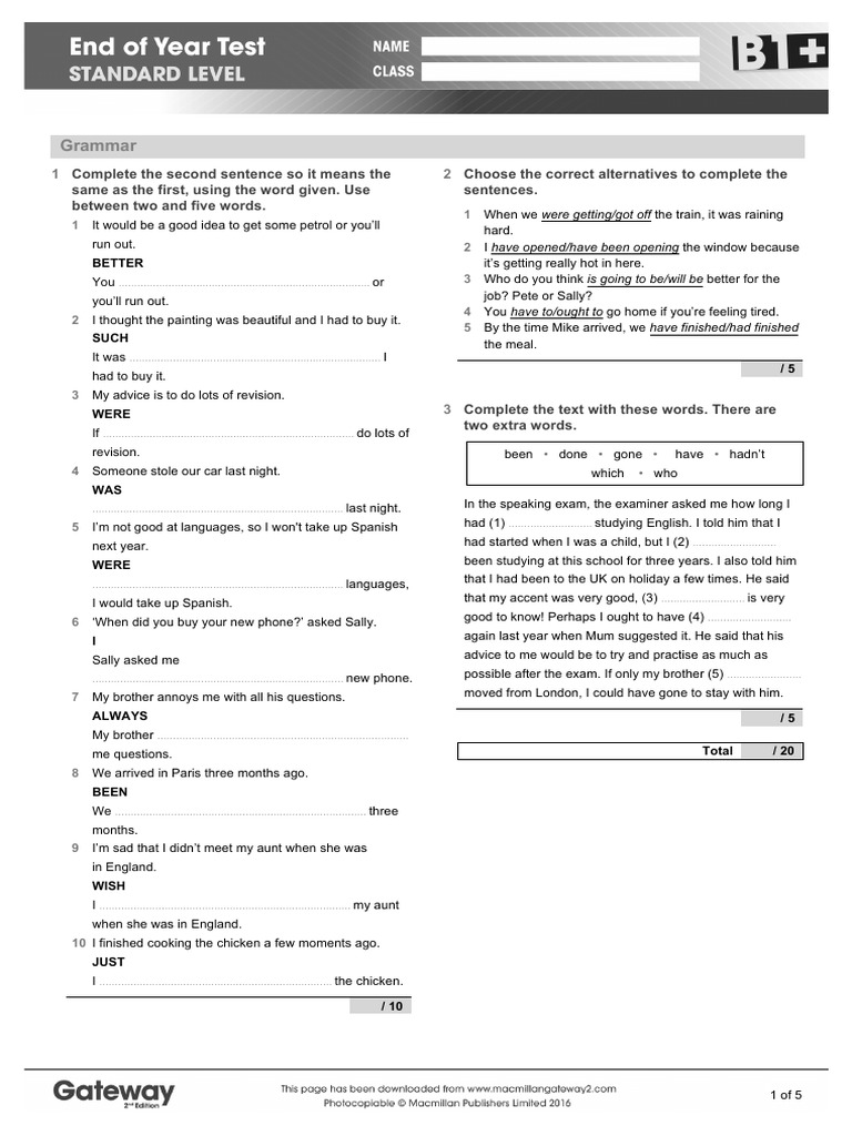 B1PLUS End of Year Test Standard | PDF
