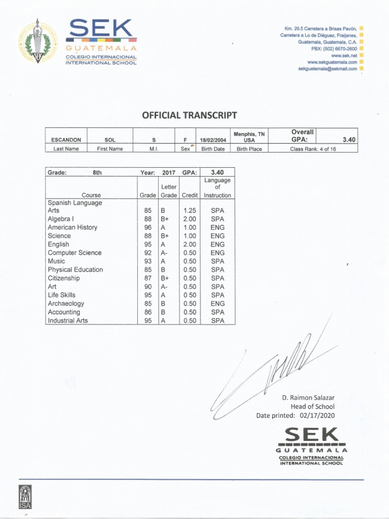 8th Grade Transcript | PDF
