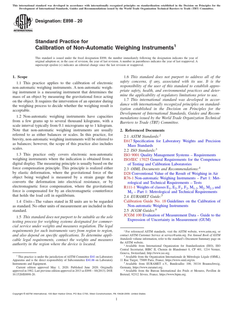 E898-2020 Calibration of Non-Automatic Weighing Instruments | PDF ...
