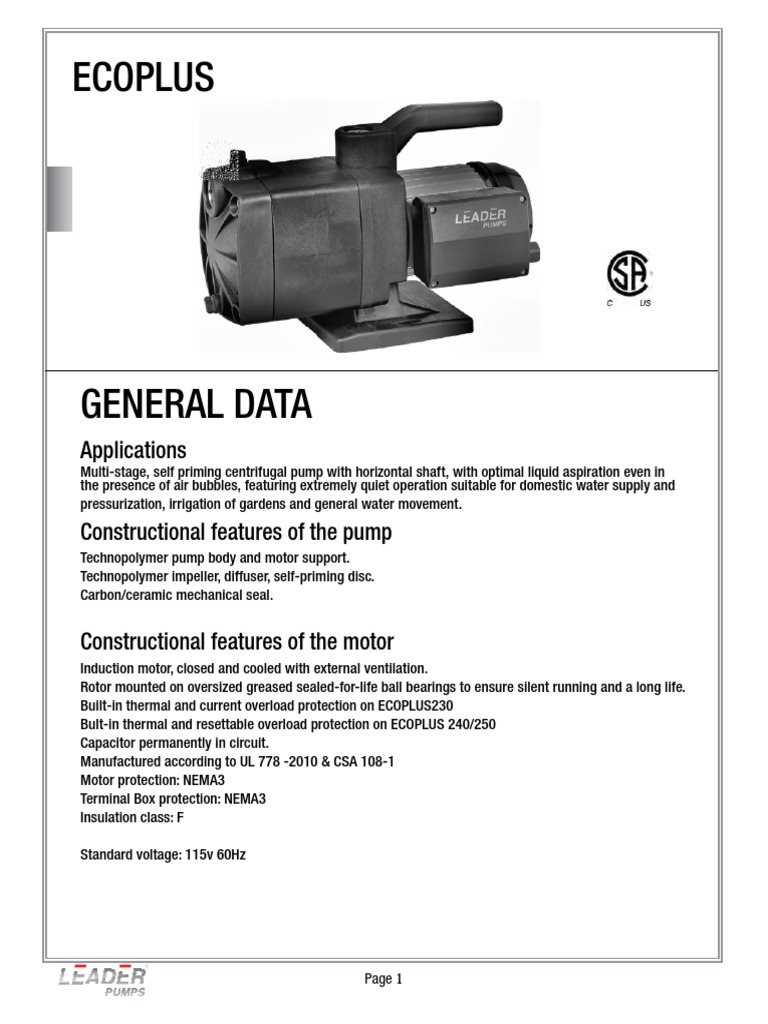 Leader Ecoplus Pump Specifications | PDF | Pump | Electric Motor