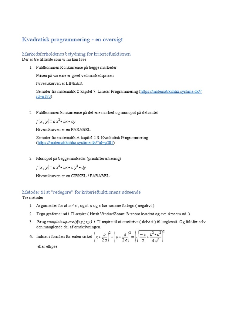 Kvadratisk Programmering en Opsummering | PDF