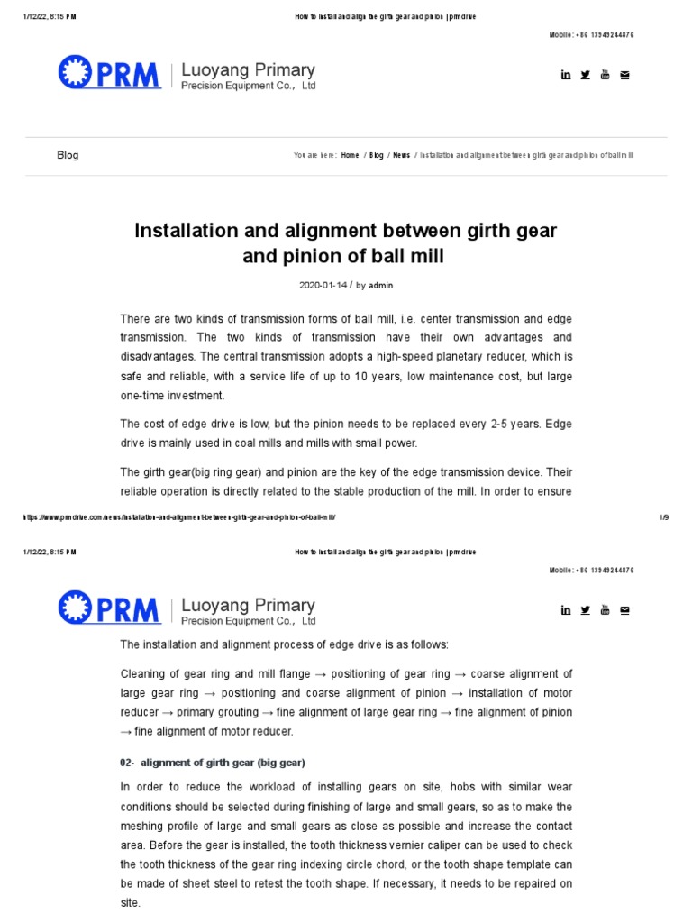 Installation and Alignment Between Girth Gear and Pinion of Ball Mill ...