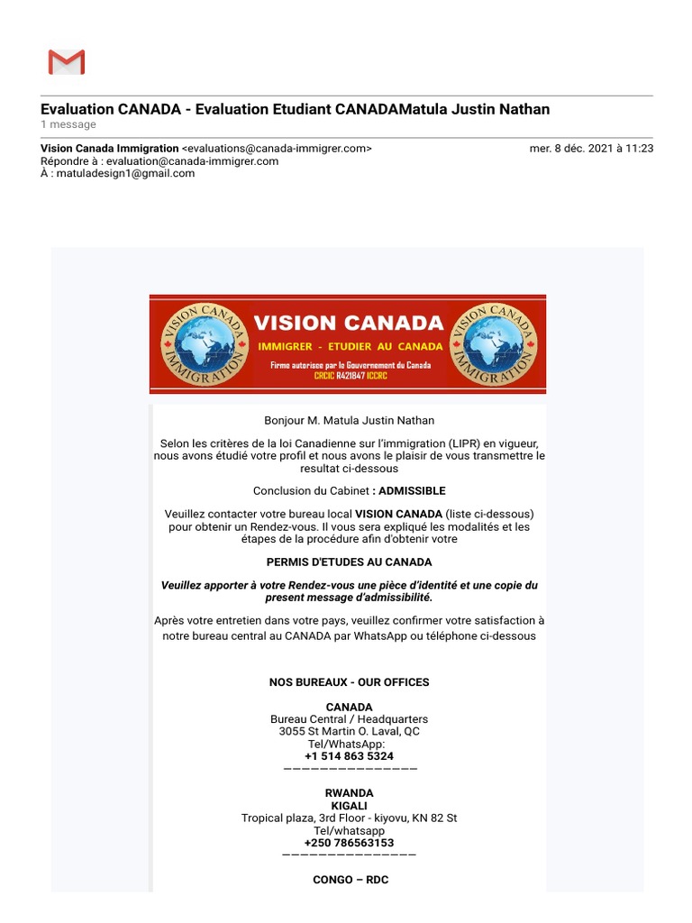 Gmail - Evaluation CANADA - Evaluation Etudiant CANADAMatula Justin Nathan | PDF