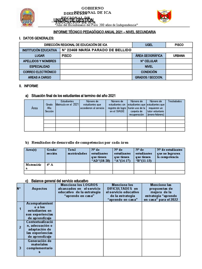 Informe Técnico Pedagógico Anual 2021 Nivel Secundaria | PDF | Cognición | Aprendizaje