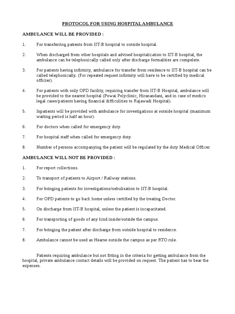 IIT Hospital Ambulance Protocol | PDF | Business | Science & Mathematics
