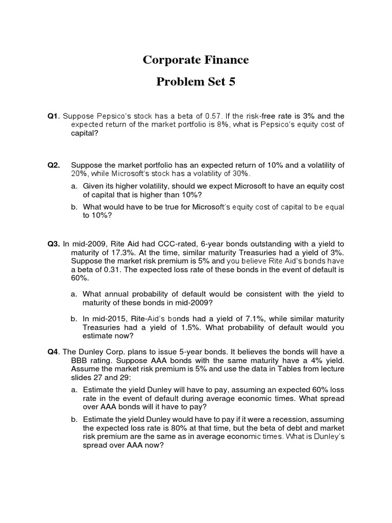 Corporate Finance Problem Set 5 | PDF | Risk Premium | Cost Of Capital