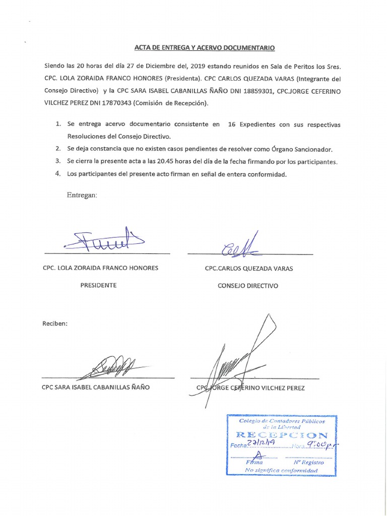 Acta de Entrega y Acervo Documentario Consejo de Etica 1 | PDF