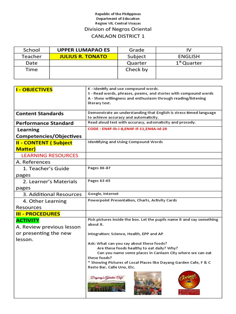 Grade 4 Lesson Plan: Compound Words | PDF | Cognition | Behavior ...