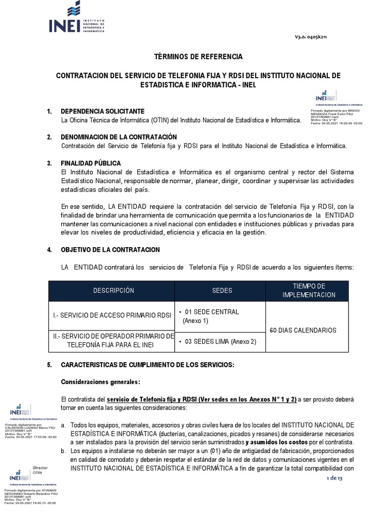 TDR Servicio X Item Telefonia Fija y RDSI Del INEI 04.05.2021 - V3 (F) (F) (F... | PDF ...