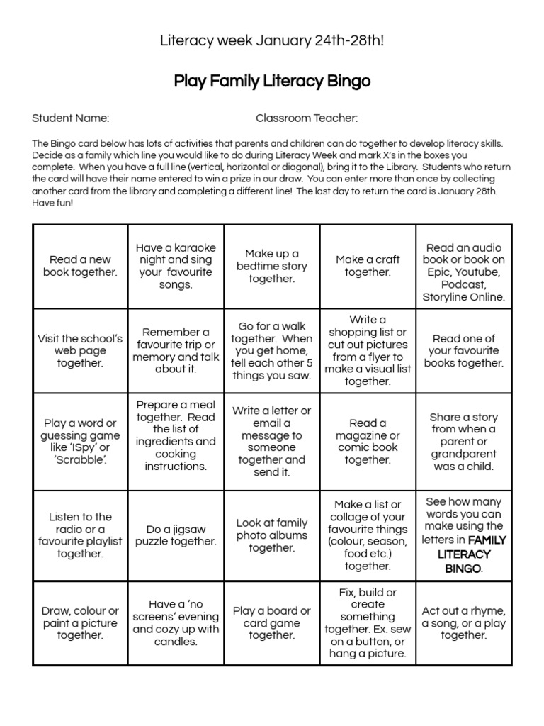 Family Literacy Bingo | PDF | Literacy