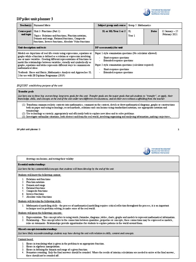 DP Math Analysis and Approaches SL Unit Plan Functions (Part 1) | PDF ...