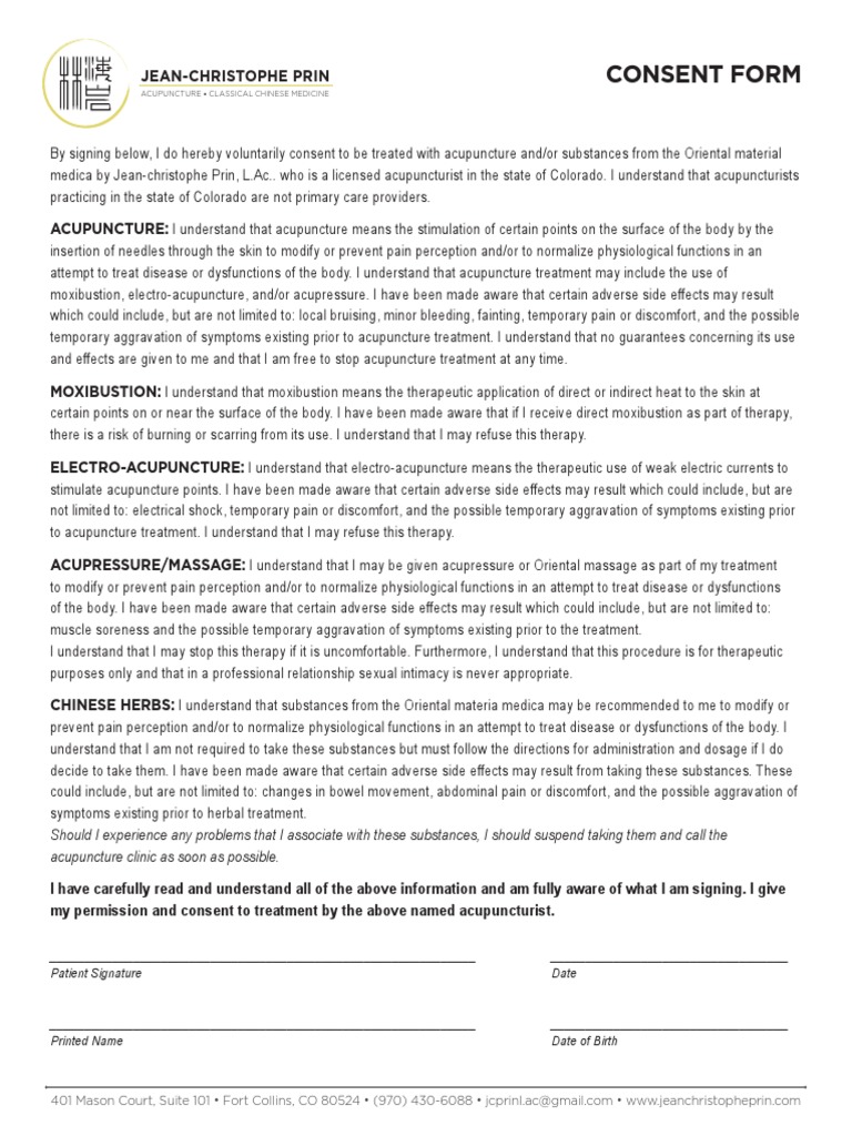 Consent Form: Jean-Christophe Prin | PDF | Acupuncture | Acupressure
