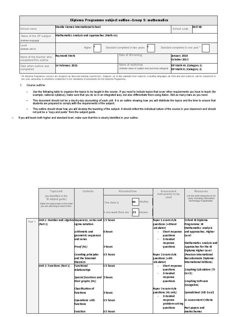 DP Math Analysis and Approaches Subject Outline 2021 | PDF | Equations ...