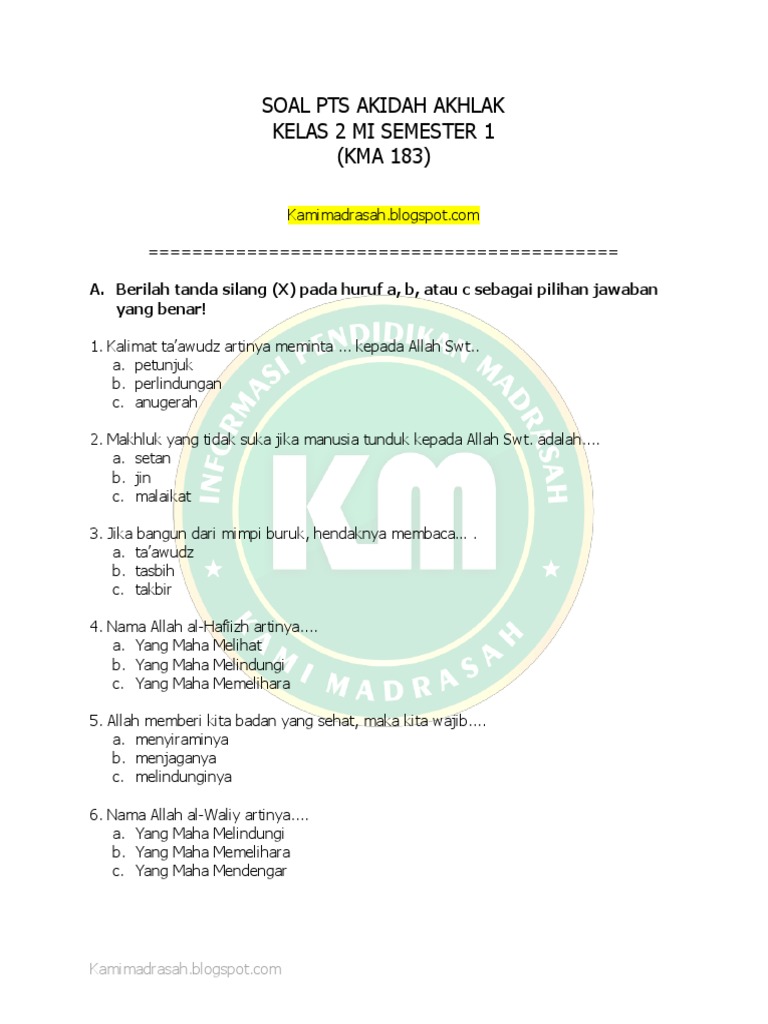 Soal PTS Akidah Akhlak Kelas 2 MI Semester 1 | PDF