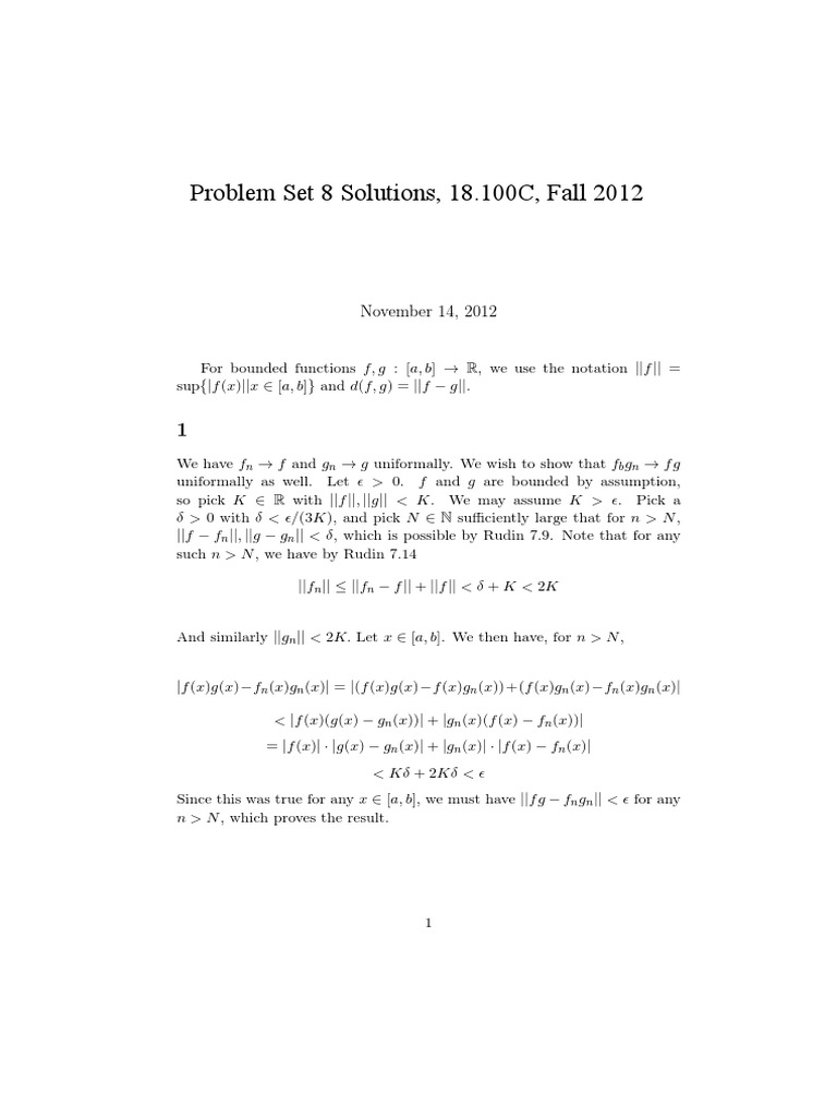Problem Set 8 Solutions Uniform Convergence | PDF | Metric Space | Space