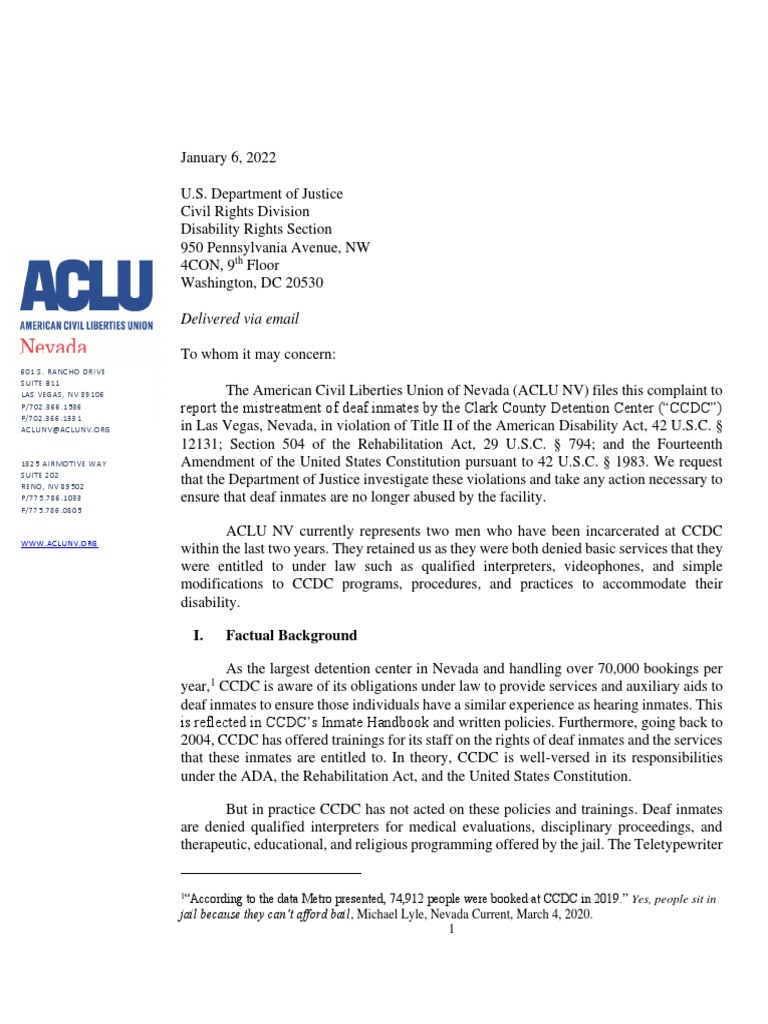 ACLU DOJ Complaint Letter | PDF | Americans With Disabilities Act Of ...