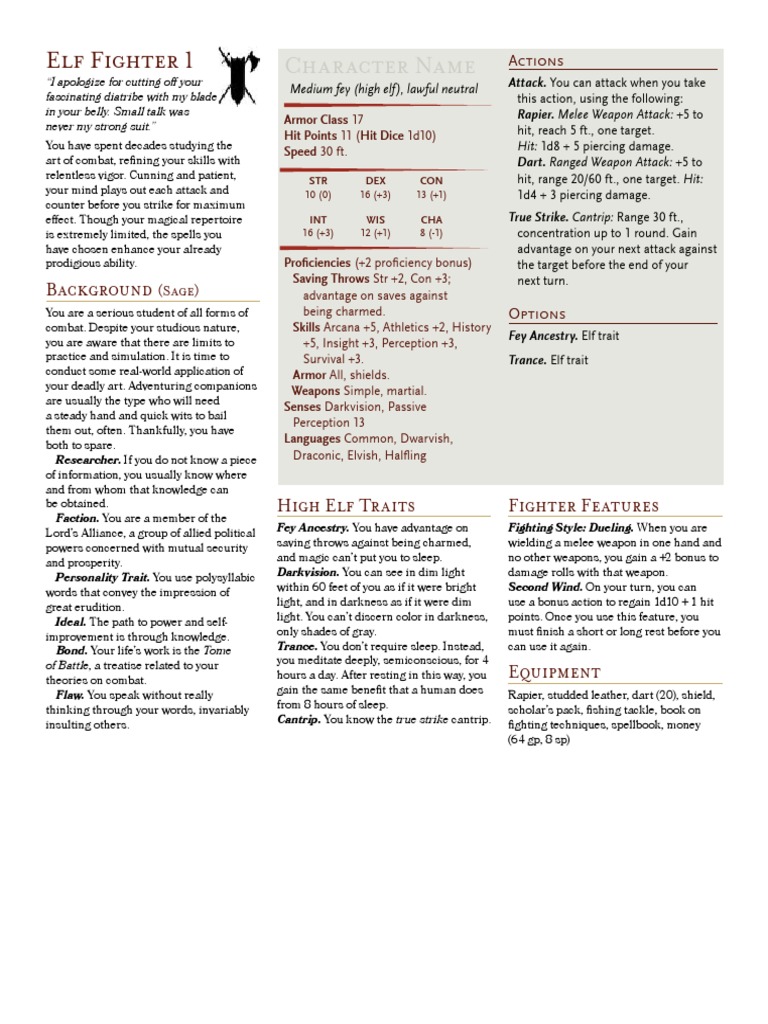 D&D5e - High Elf Fighter | PDF
