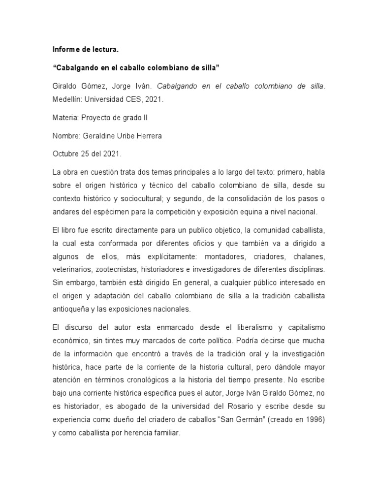 Geraldine Uribe: Análisis del Caballo Colombiano | PDF | Colombia ...
