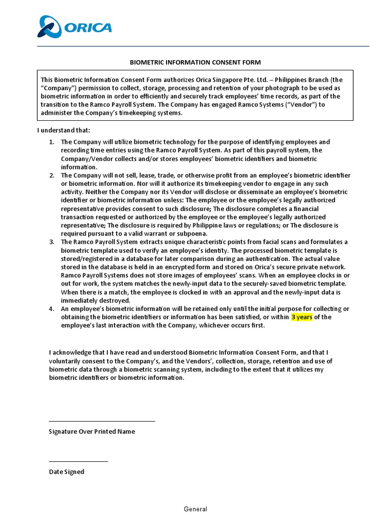 Biometric Information Consent Form | PDF | Biometrics | Surveillance