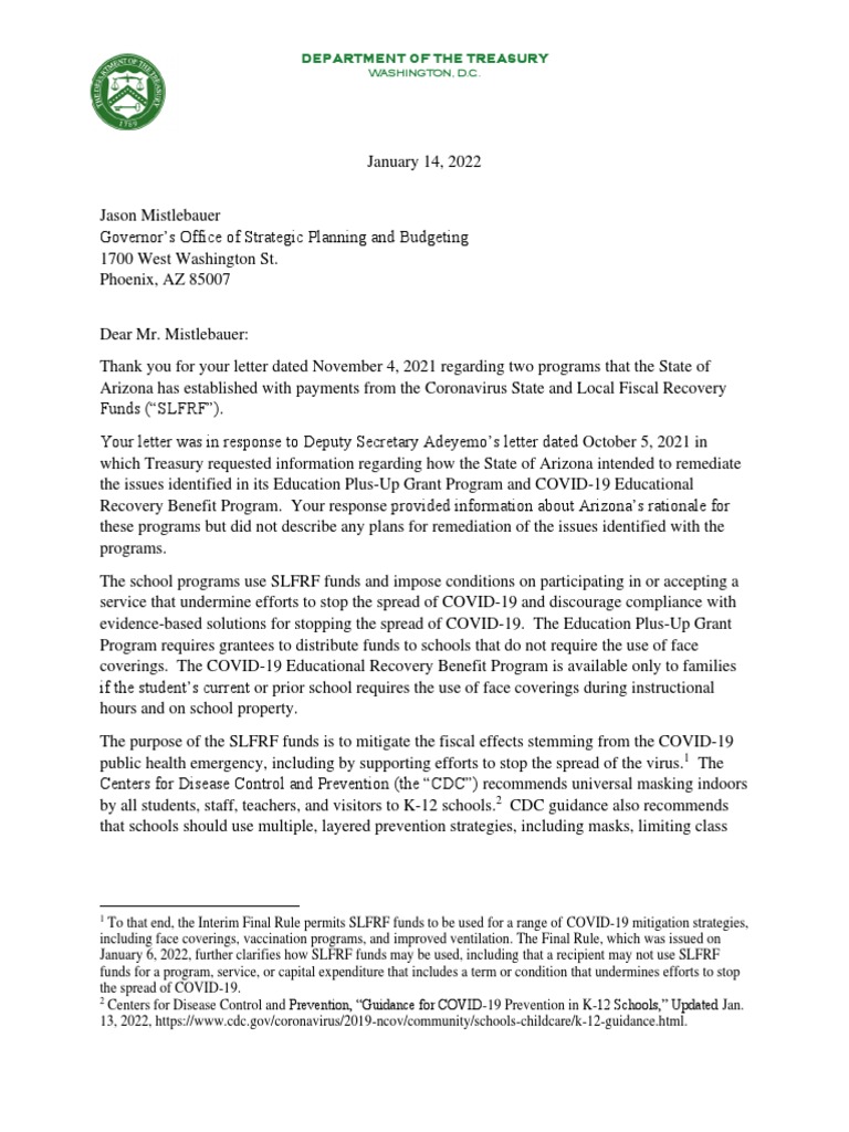 U.S. Department of Treasury Letter To Arizona | Download Free PDF ...