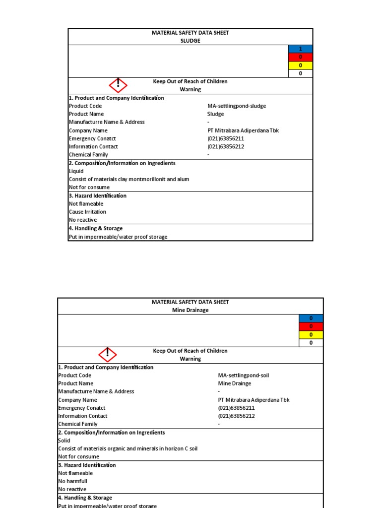 Material Safety Data Sheet Sludge 1 0 0 0 Keep Out of Reach of Children Warning 1. Product and ...