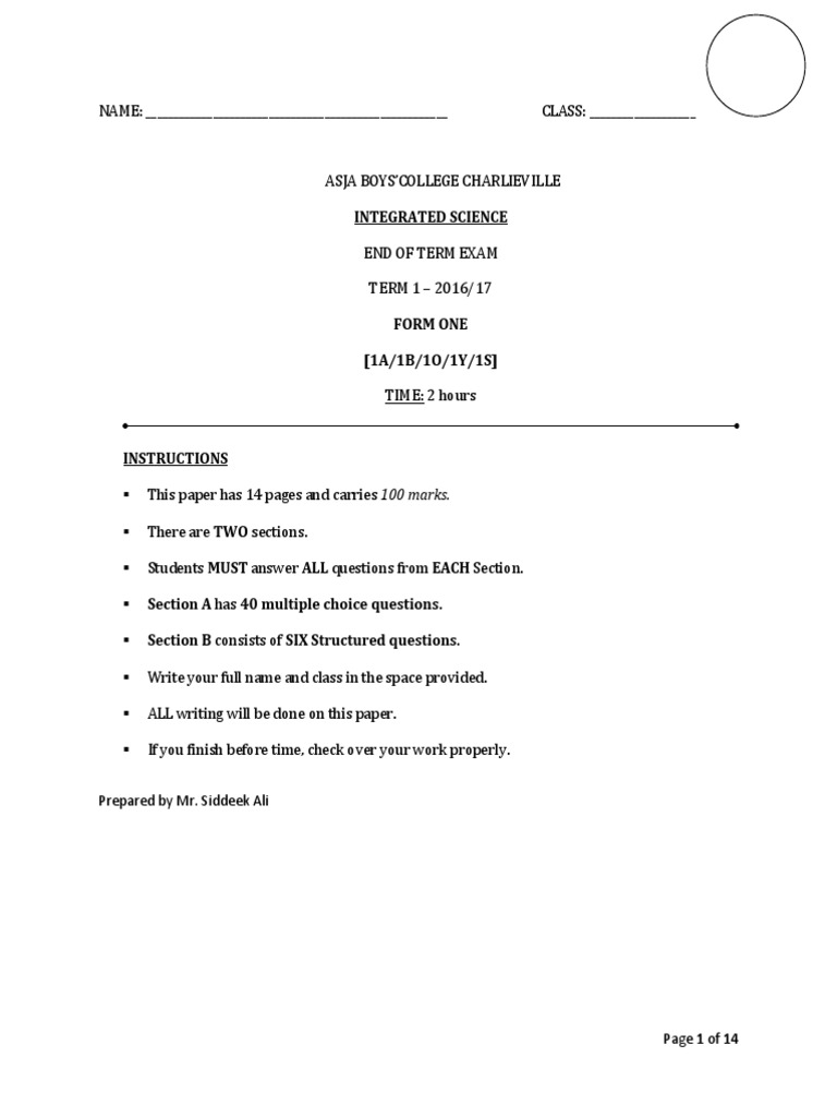 Integrated Science Form 1 Term 1 Decembe | PDF | Matter | Mass