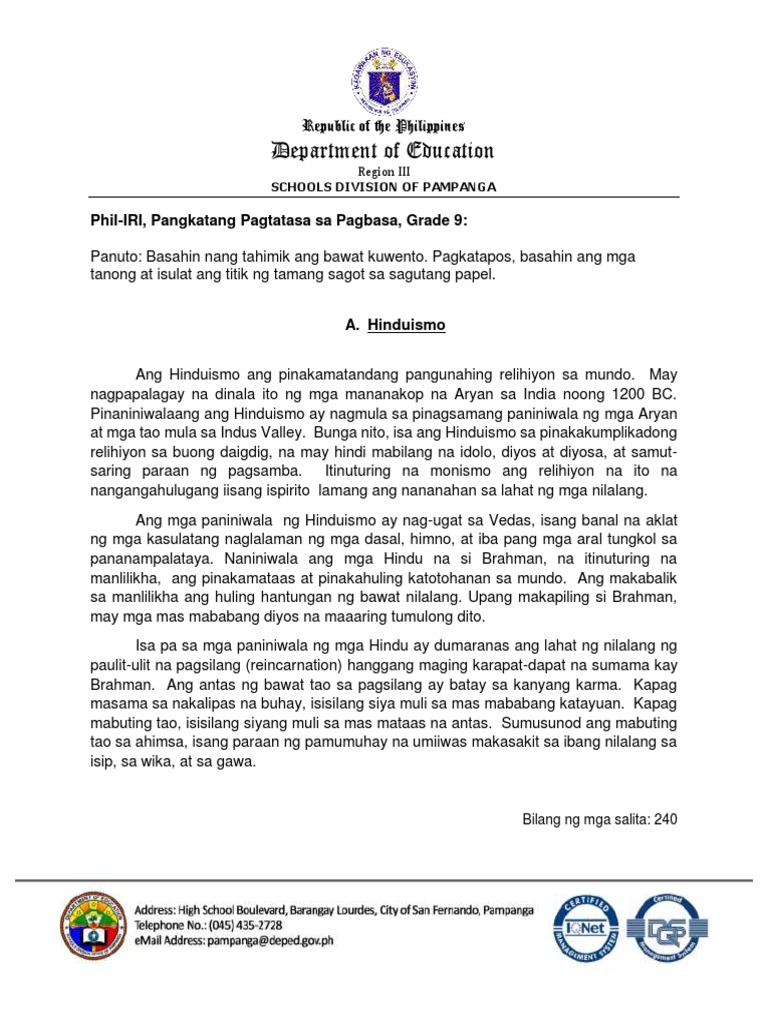 Phil-IRI Grade 9 | PDF