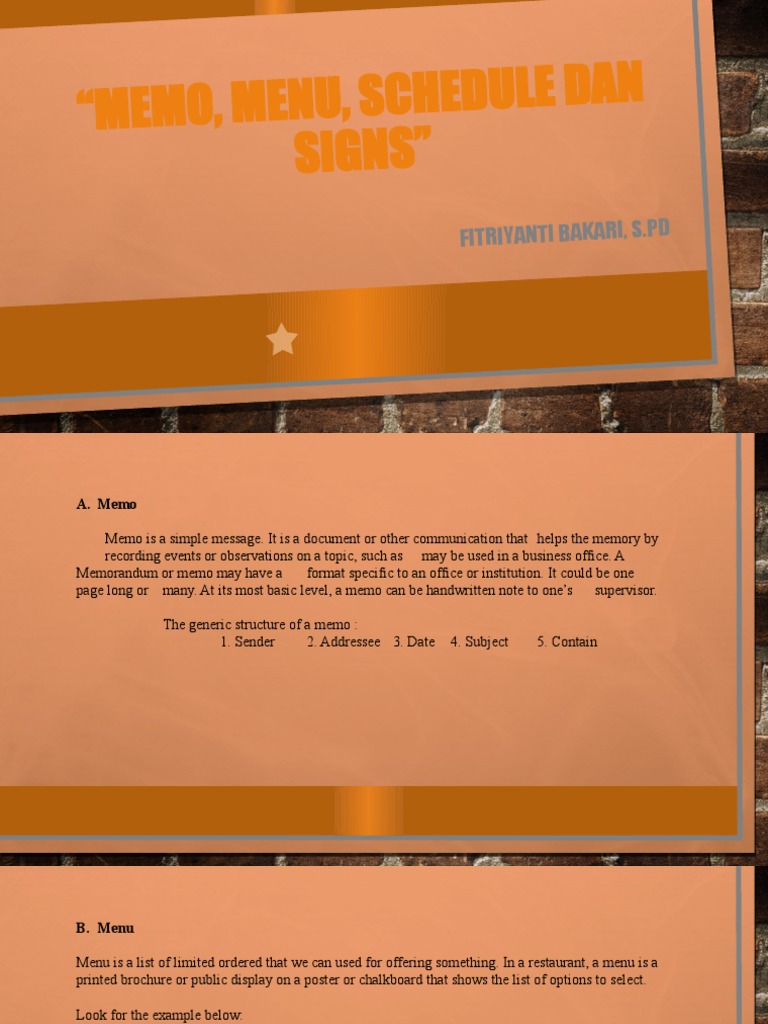 "Memo, Menu, Schedule Dan Signs": Fitriyanti Bakari, S.PD | PDF ...
