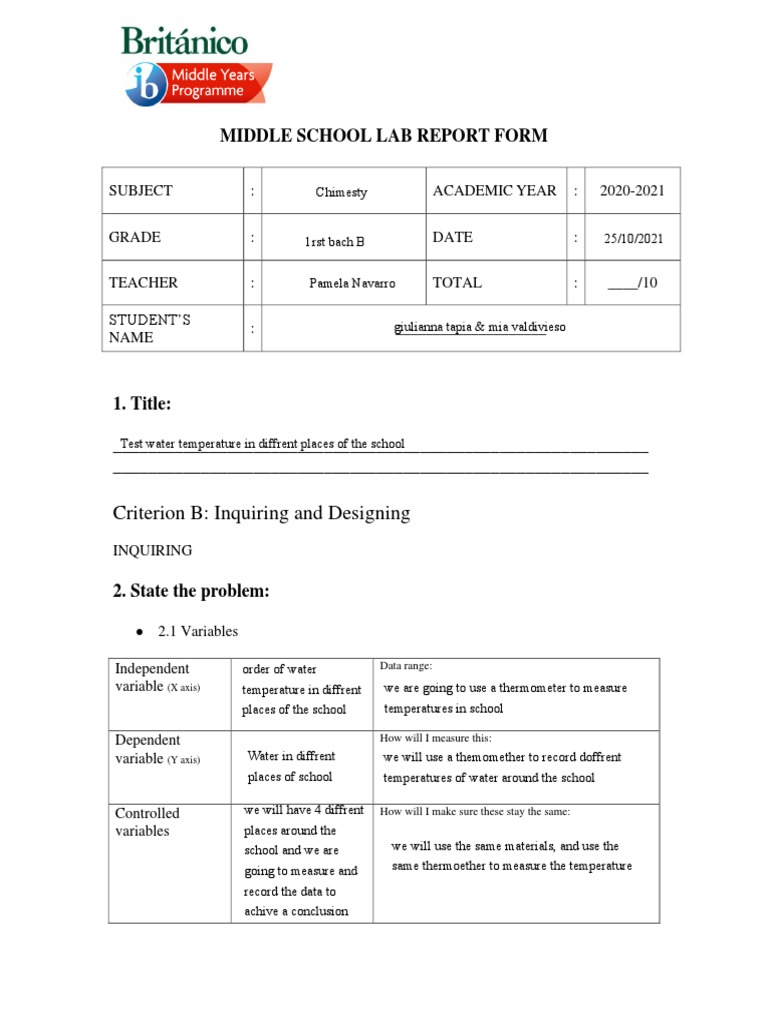 Giuliana Tapia Sandoval - Myp Lab Report Format | PDF | Temperature | Water