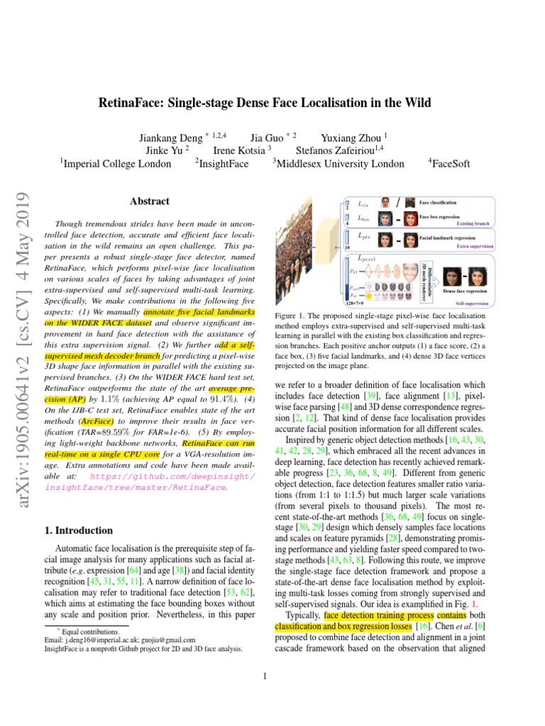 Retinaface: Single-Stage Dense Face Localisation in The Wild | PDF ...