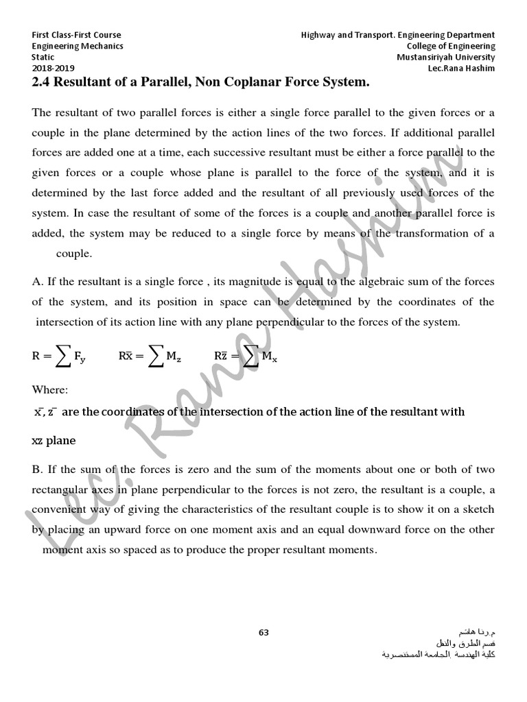 Determining Resultants of Parallel, Non-Coplanar Force Systems | PDF ...