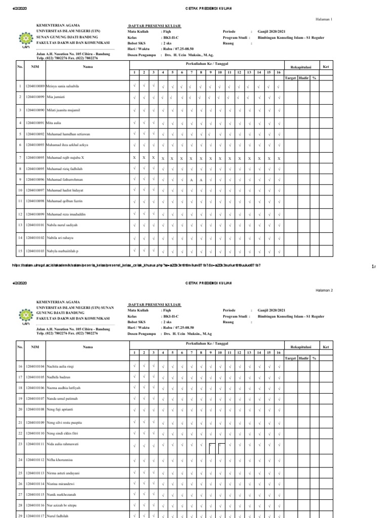 Absensi Fiqh Bki 2c | PDF