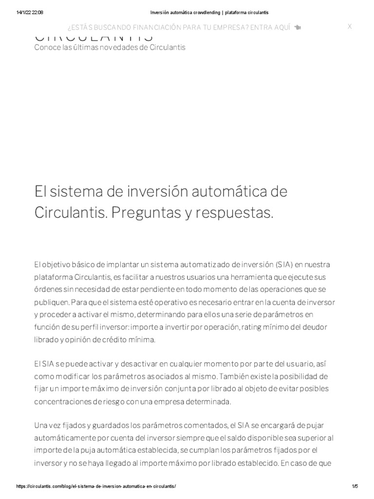 Inversión Automática Crowdlending - Plataforma Circulantis | PDF