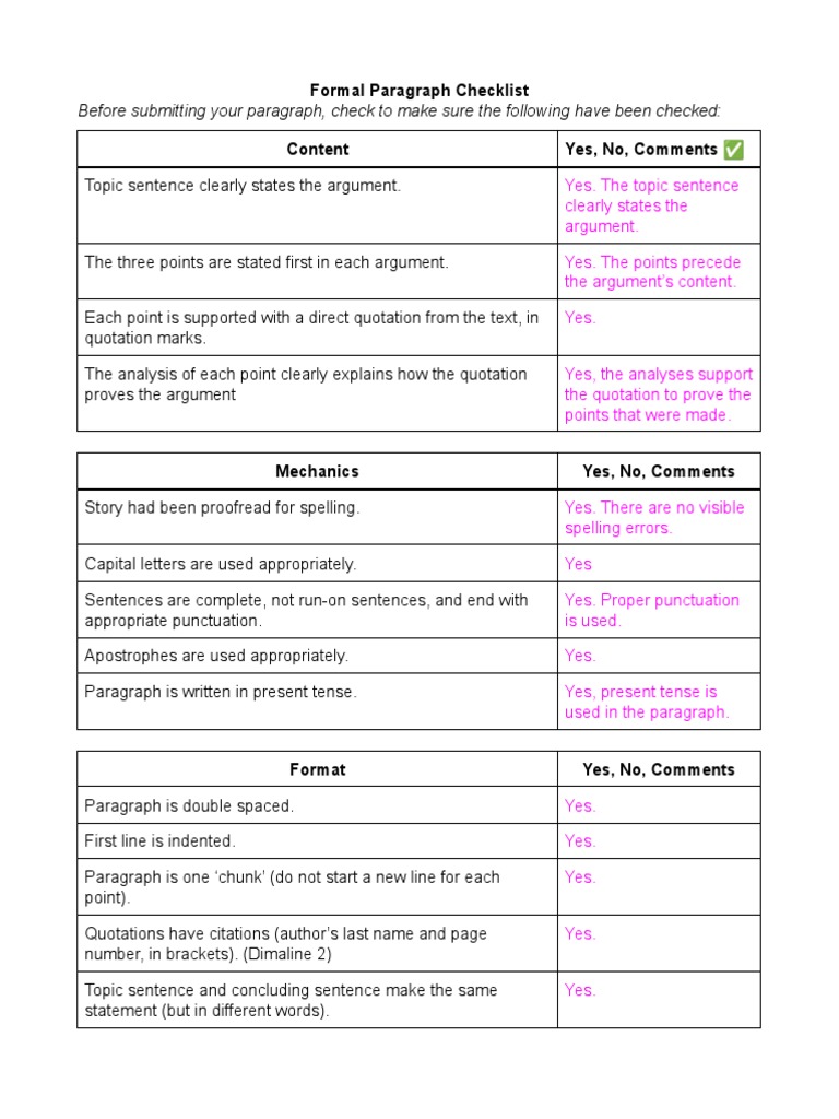 Formal Paragraph Checklist Tea Rogers For Jack Banbury | PDF ...