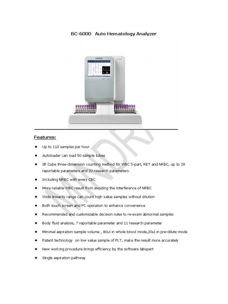 BC 6000 Spesification | PDF | Hematology | Blood