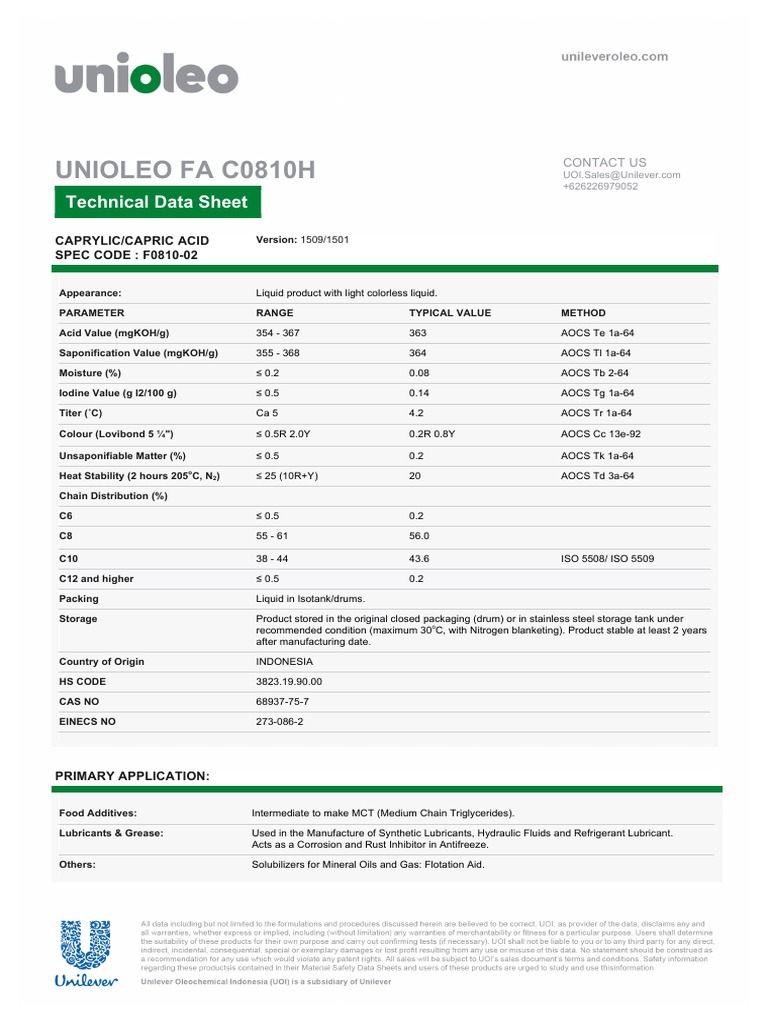 Unioleo Fa C0810H: Technical Data Sheet | PDF | Mechanical Engineering ...
