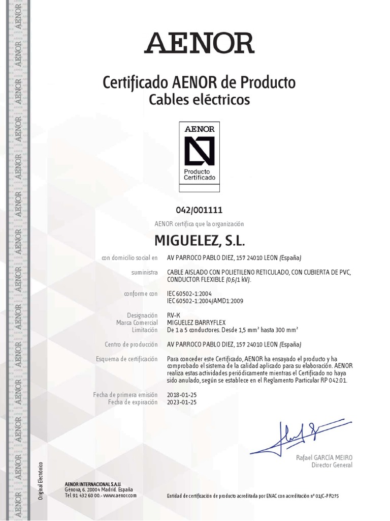BARRYFLEX RV-K IEC y UNE Certificado AENOR | PDF | España ...