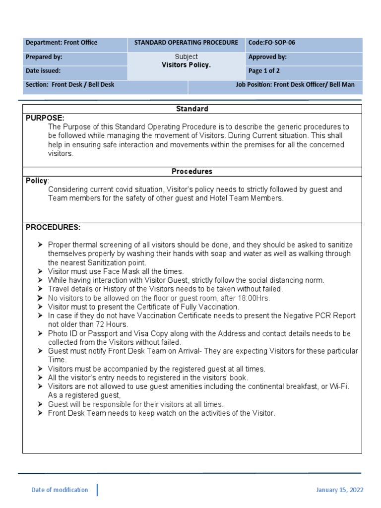 SOP - Visitors Policy | PDF
