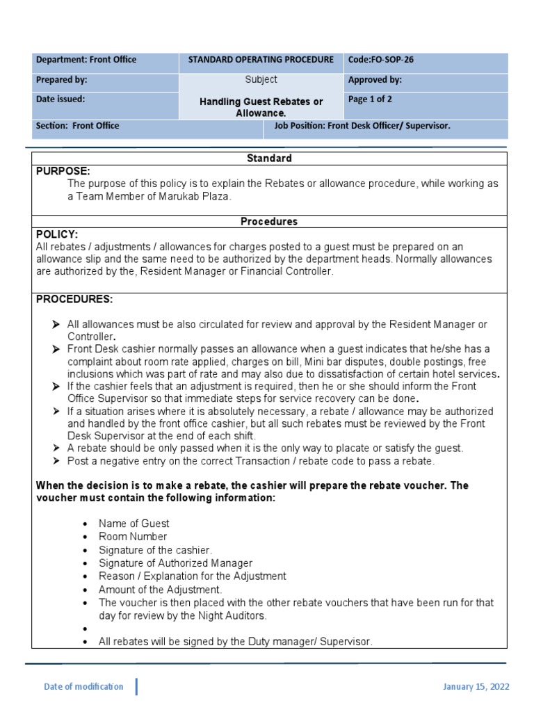 SOP - Handling Guest Rebates or Allowance | PDF | Audit | Auditor's Report