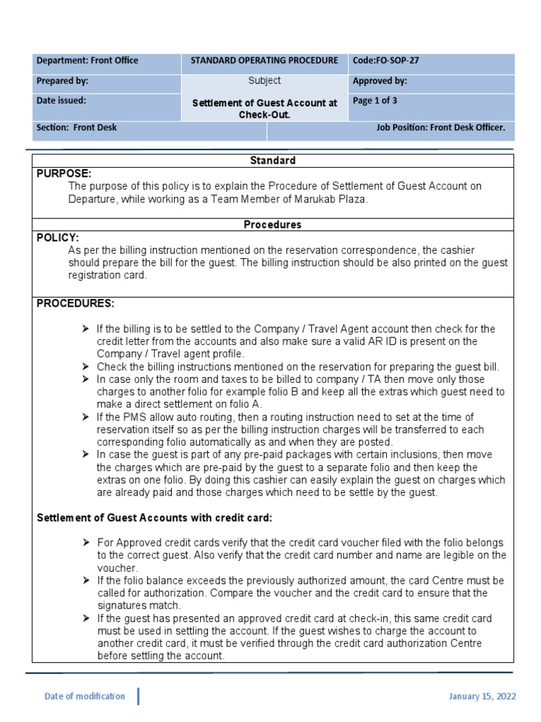 SOP - Settlement of Guest Account at Check-Out | PDF | Cheque | Credit Card