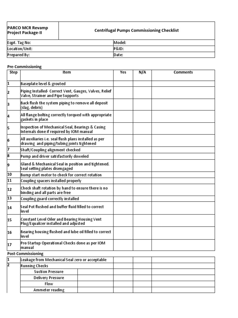 Centrifugal Pumps Commissioning Checklist Parco MCR Revamp Project ...