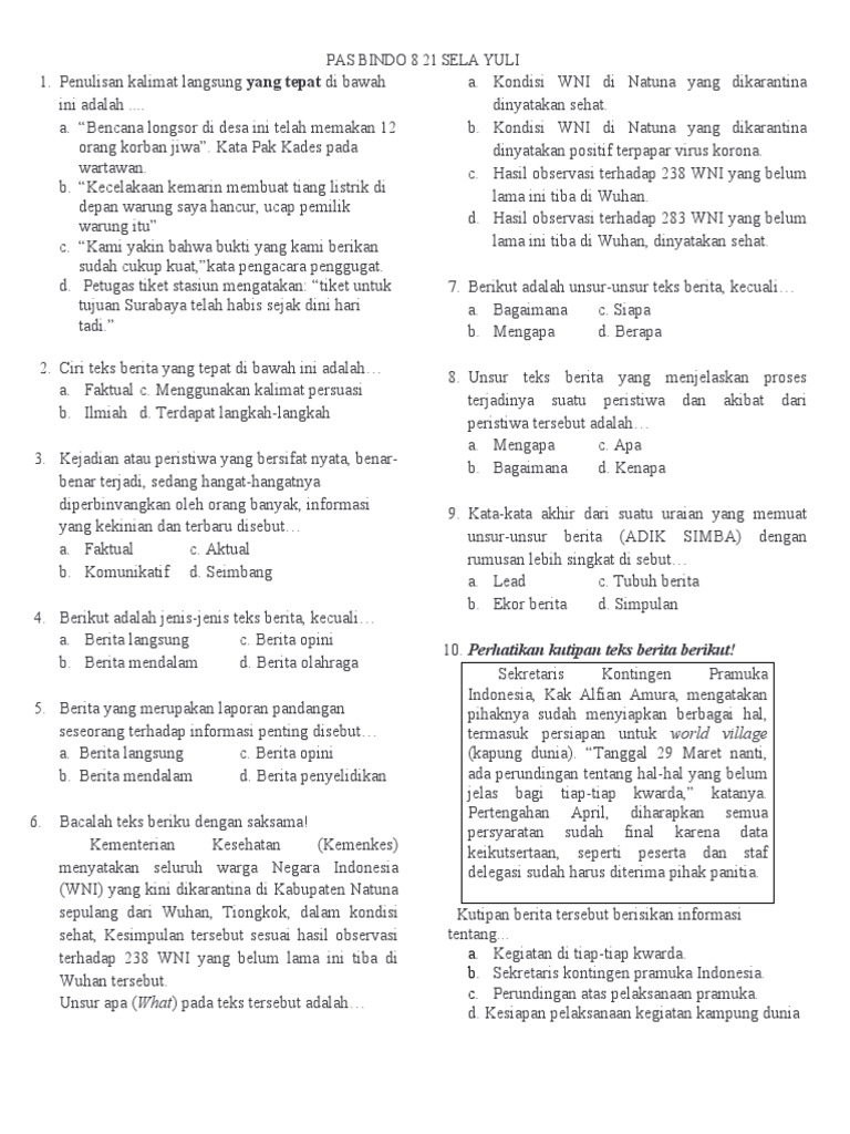 Kunci Jawaban Pas 1 Bindo 8 21 Sela Yuli | PDF