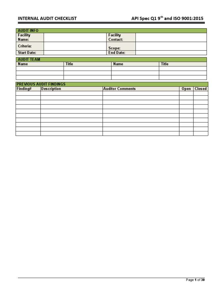 Internal Audit Checklist Q1 - IsO 2015 - Final Format | PDF | Audit ...
