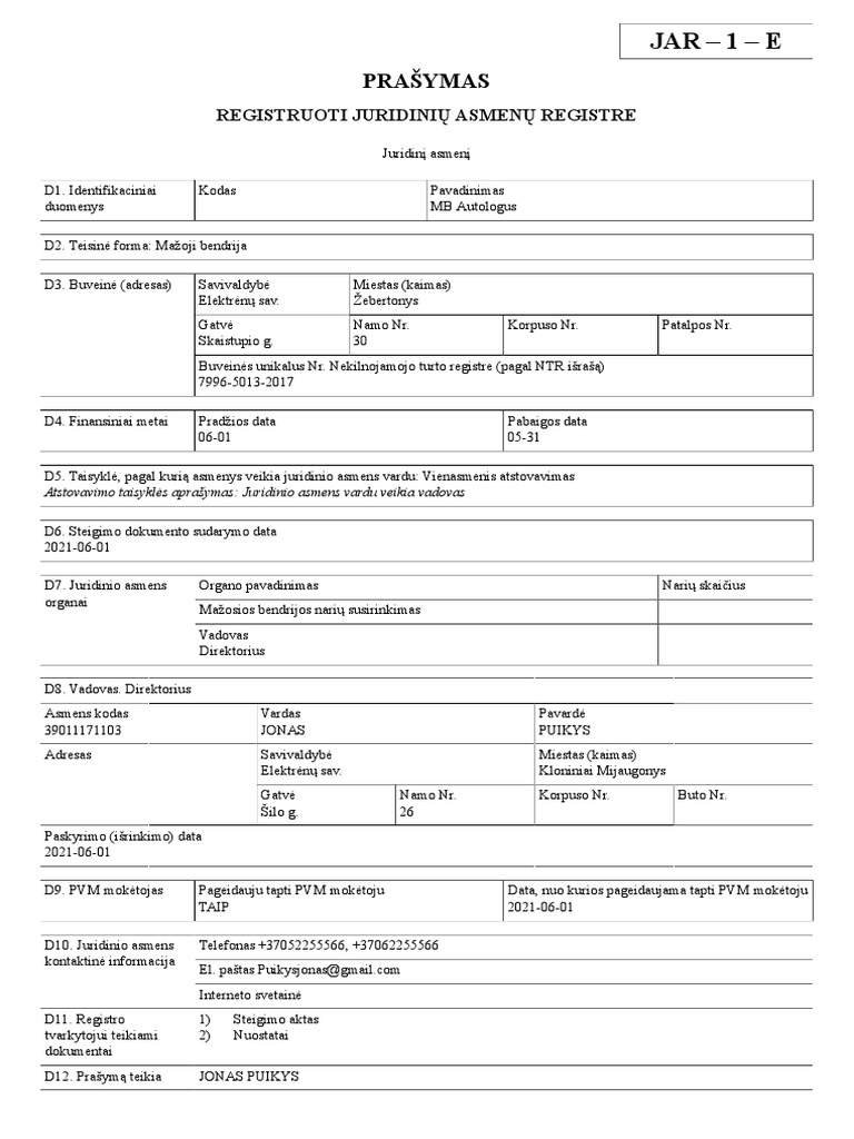 Prasymas Registruoti Juridiniu Asmenu Registre JAR-1-E | PDF