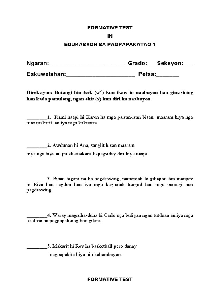 FORMATIVE TEST Grade 1 2020 | PDF