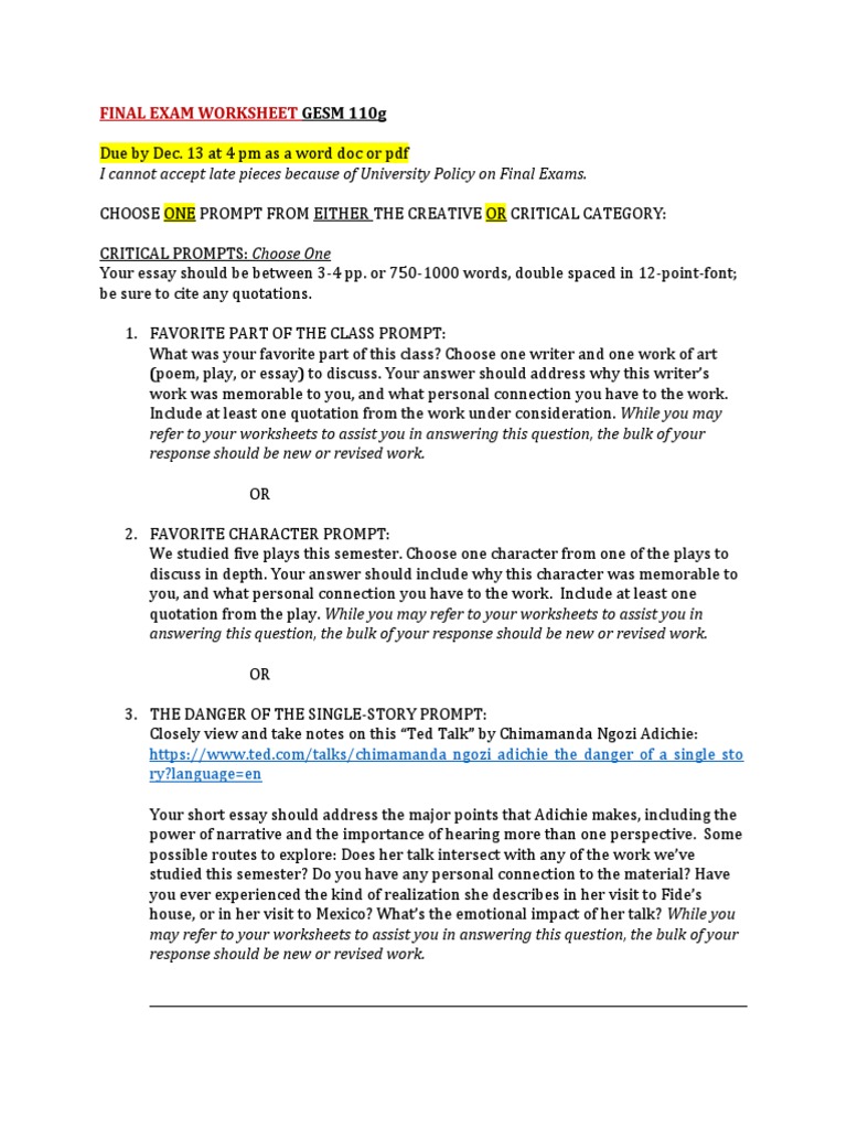 Final Exam Worksheet - Due Dec. 13 | PDF | Writing