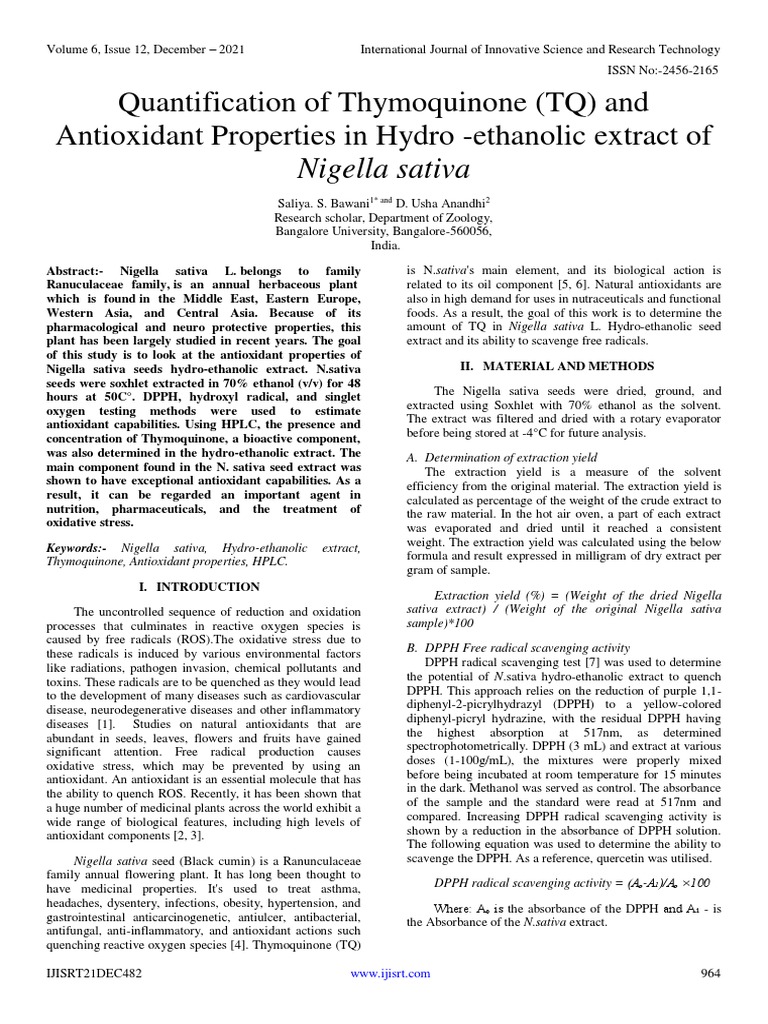 Quantification of Thymoquinone (TQ) and Antioxidant Properties in Hydro - Ethanolic Extract of ...