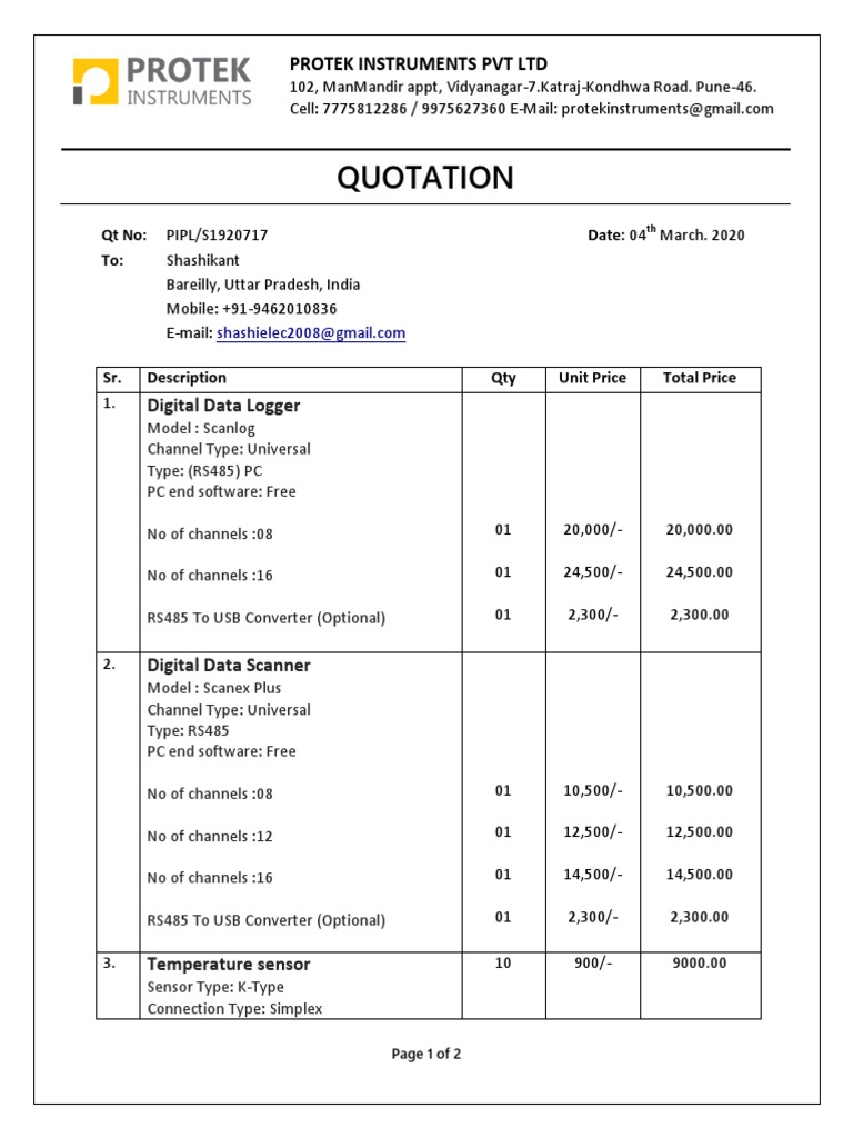 Quotation: Protek Instruments PVT LTD | Download Free PDF ...